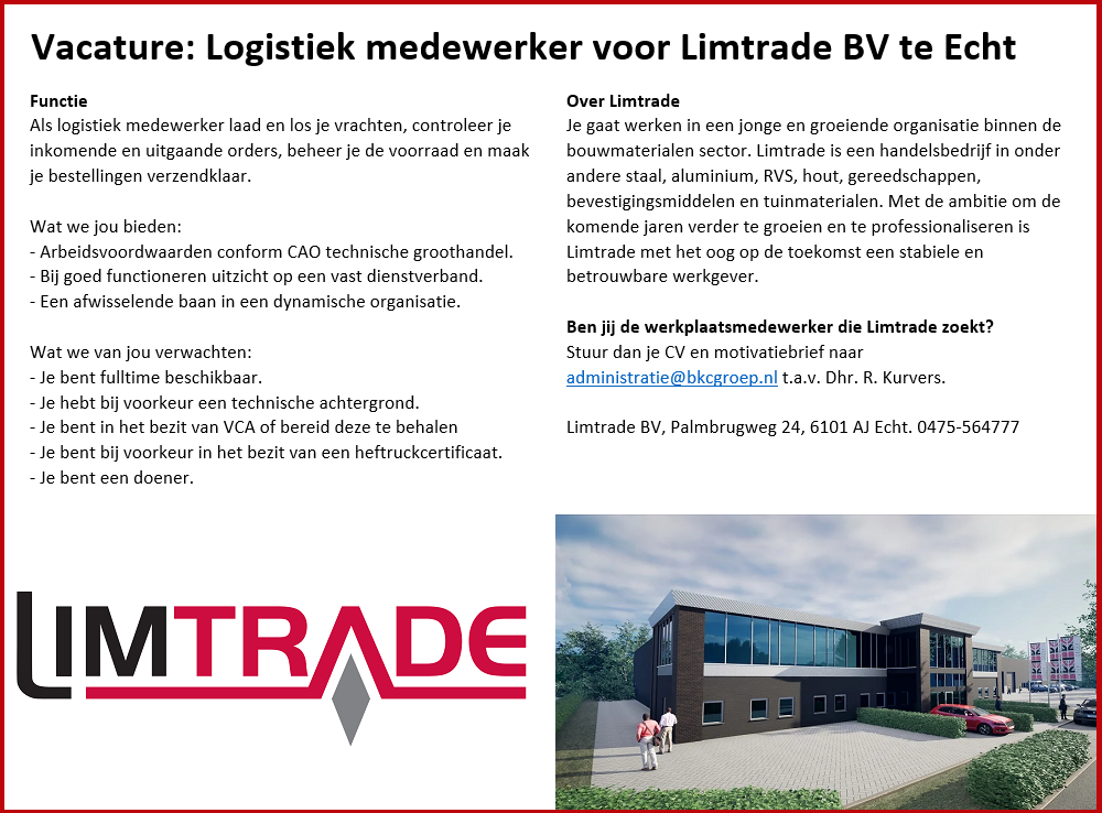 Vacature: Logistiek medewerker voor Limtrade BV te Echt